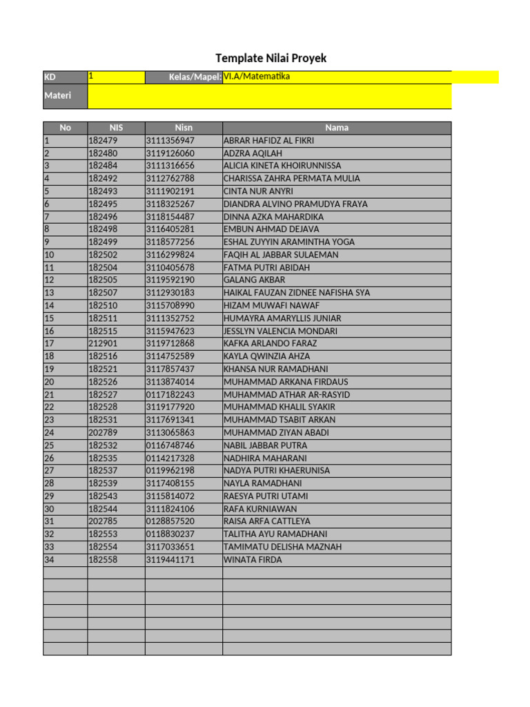 Template Nilai Proyek-VI.A-Matematika | PDF