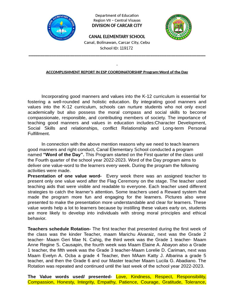 Accomplishment Report in ESP | PDF