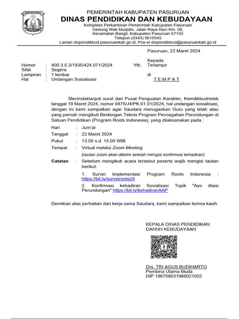 UNDANGAN Sosialisasi Program Roots Indonesia Bagi 5 SMP Swasta Signed | PDF