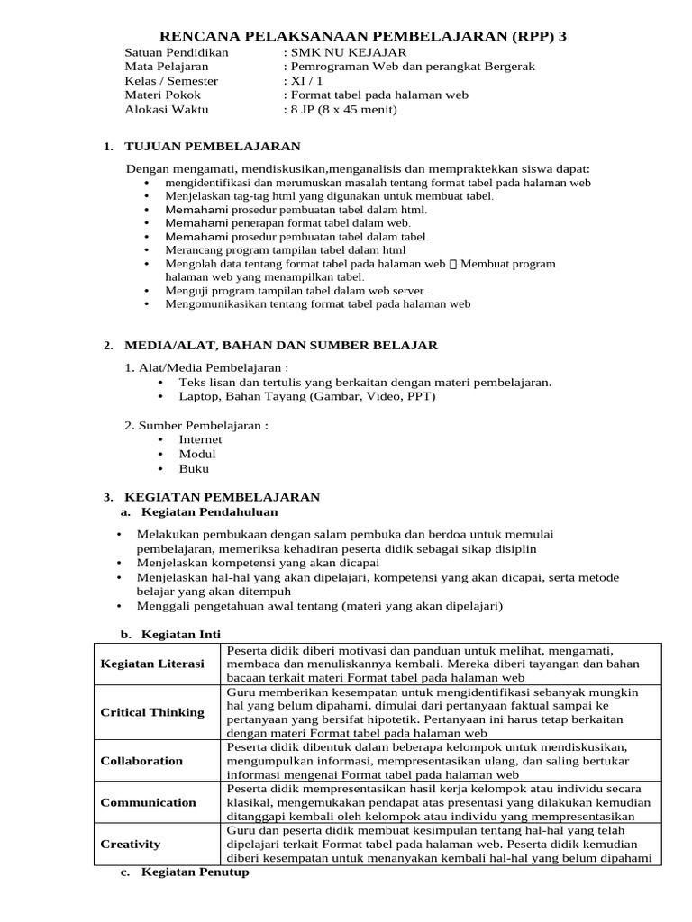 2.a.3 RPP 3 Format Tabel Pada Halaman Web | PDF