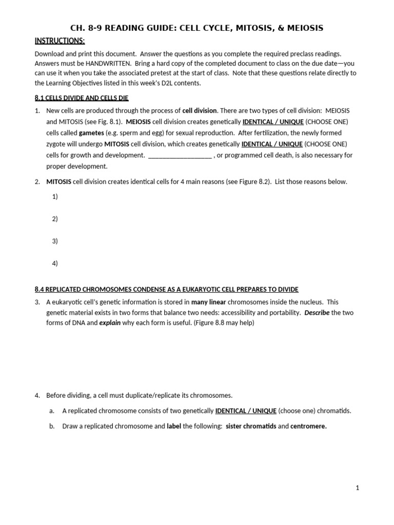 Reading Guide - Ch. 8-9 Cell Cycle, Mitosis, Meiosis | PDF