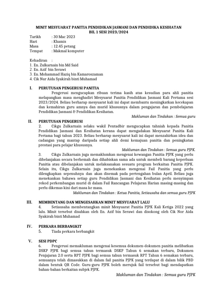 Minit Mesyuarat PJPK Kali 1 - 2023 | PDF