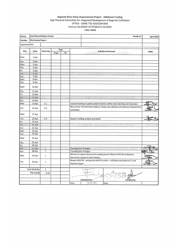 Time Sheet April 2024 | PDF