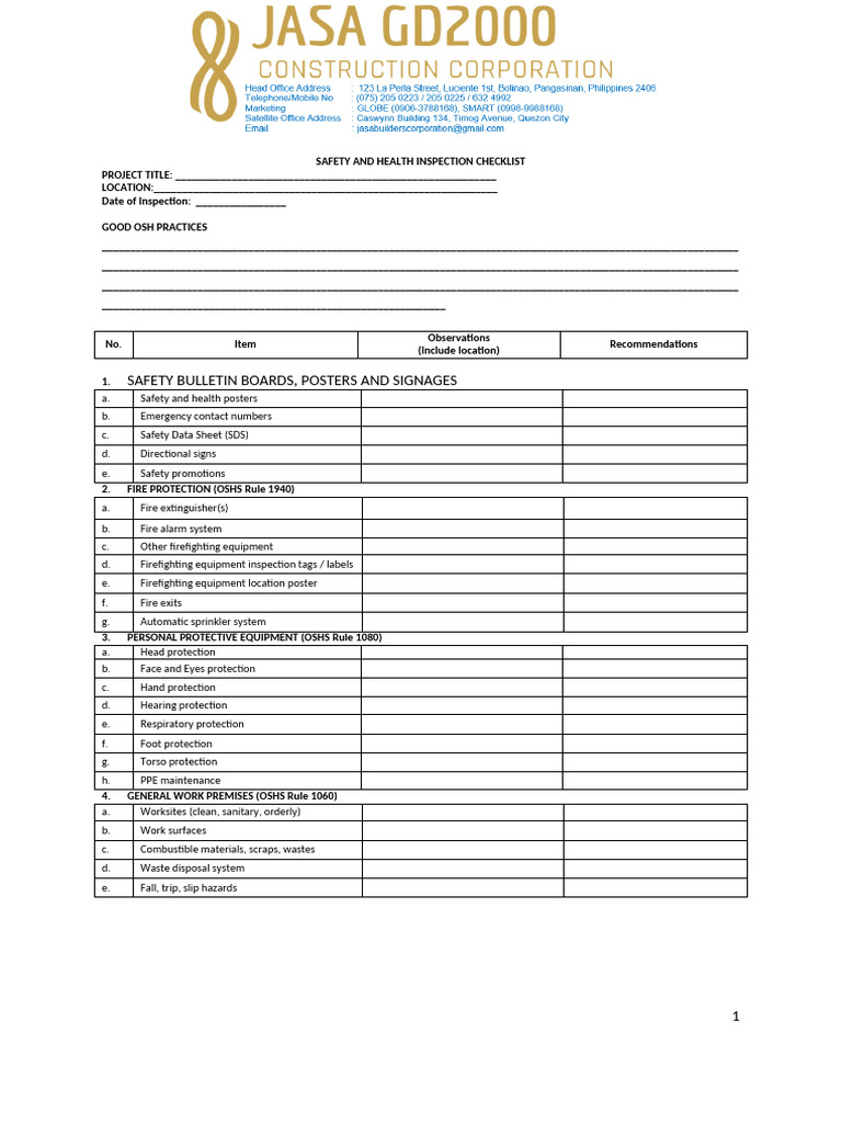 Safety and Health Inspection Checklist | PDF