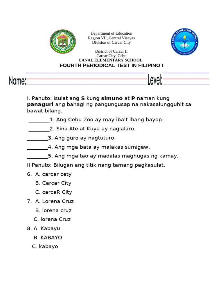 Fourth Periodical Test in Grade 1 2022-2023 | PDF