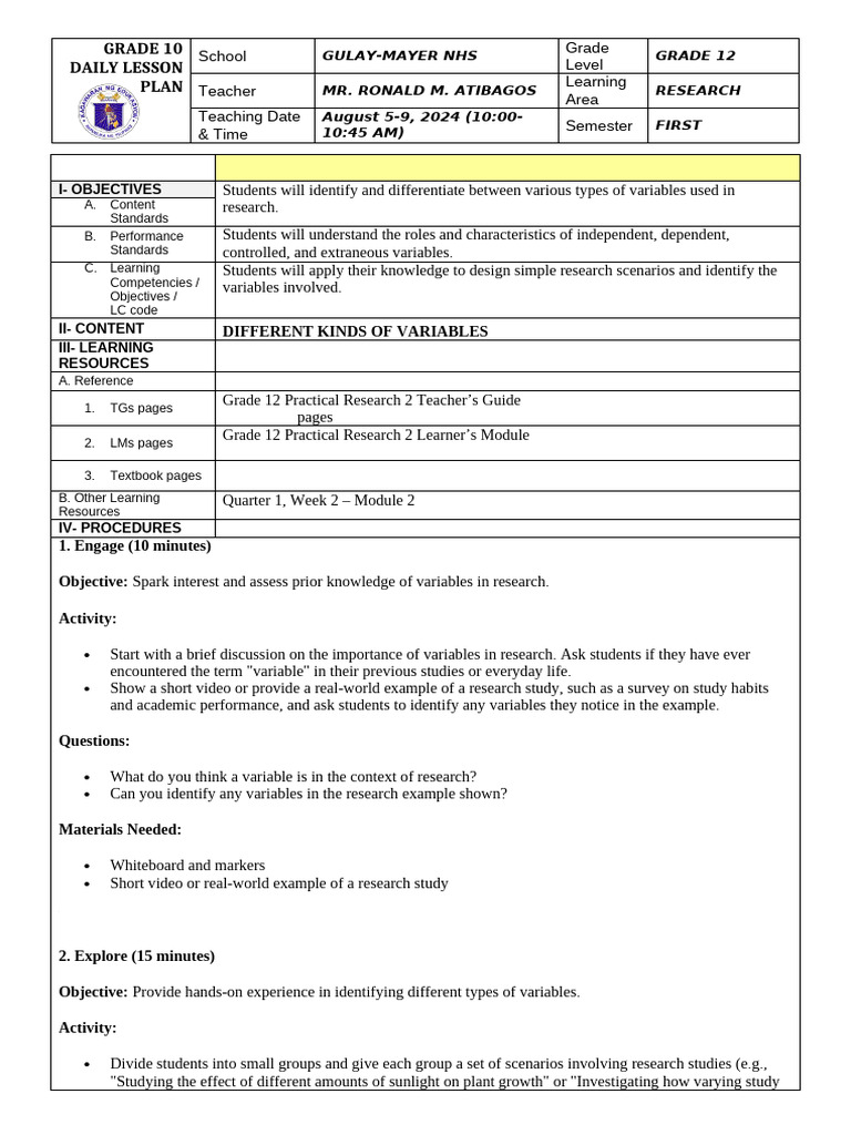 Grade 12 Research Variables Lesson Plan | PDF | Dependent And ...