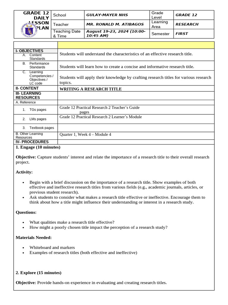 Crafting Effective Research Titles | PDF | Lesson Plan | Learning