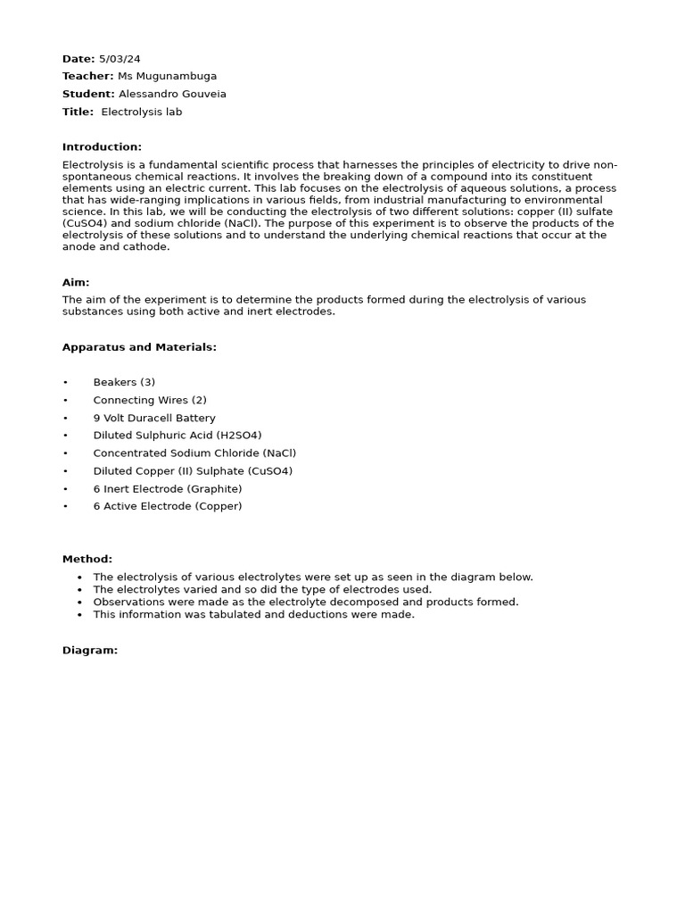 Electrolysis Lab Pdf