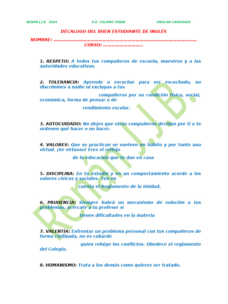 Décalogo Del Buen Estudiante de Inglés | PDF