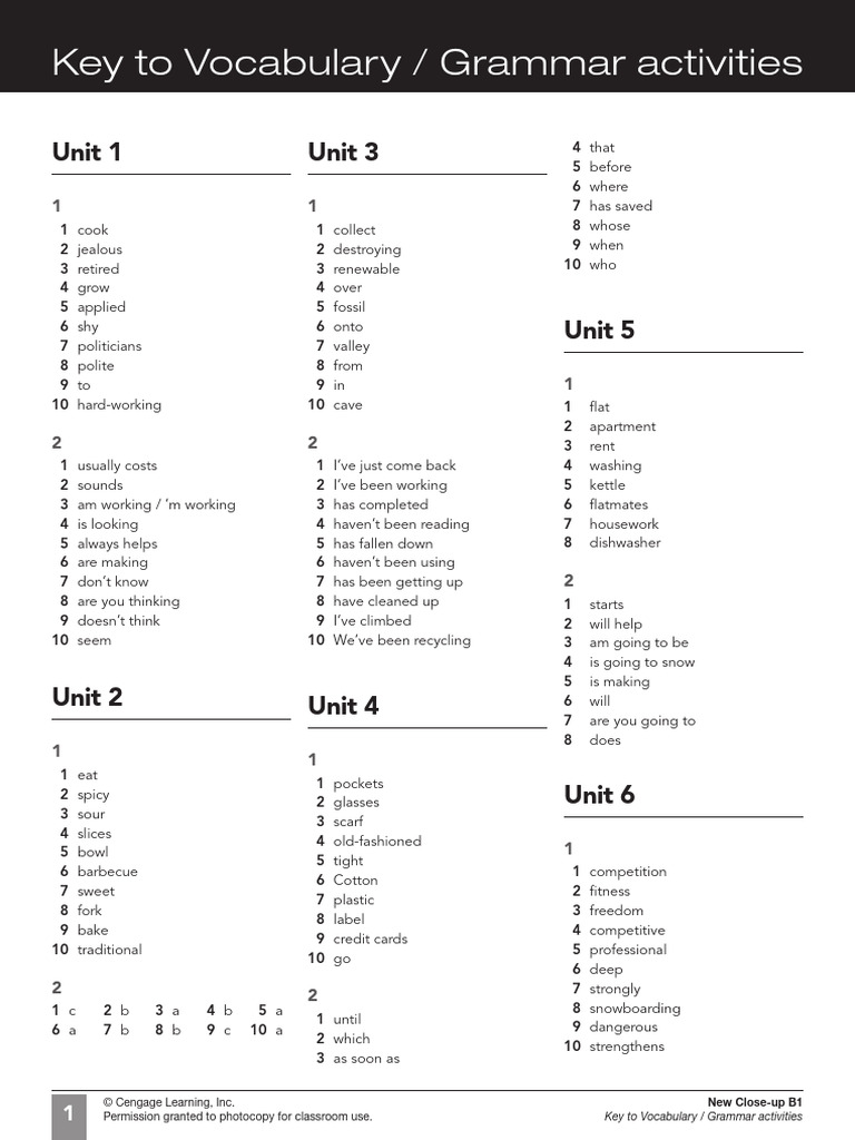 b1 Extra Vocabulary and Grammar Activities Answer Key | PDF