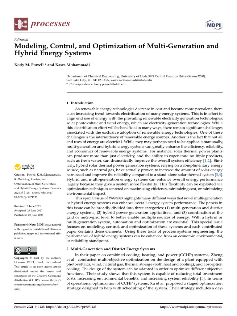 Modeling, Control, and Optimization of Multi-Generation and Hybrid Energy Systems | PDF