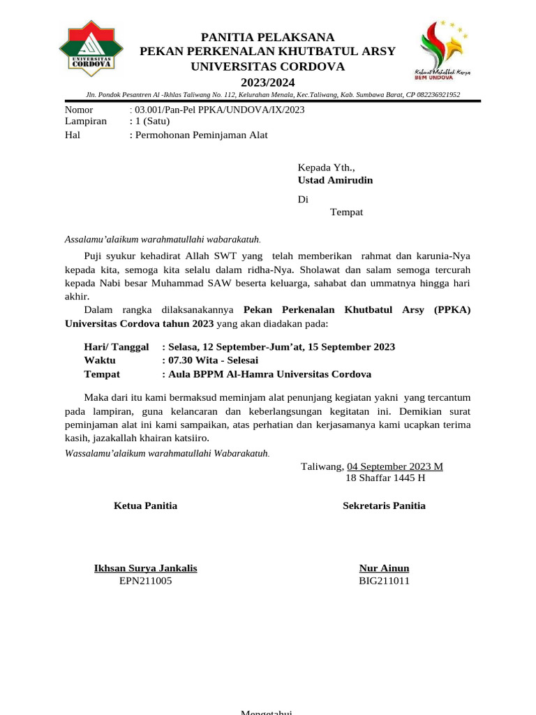 Surat Peminjaman Alat | PDF