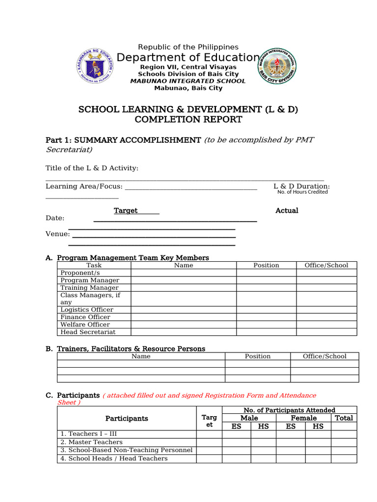 School L & D Completion Report | PDF