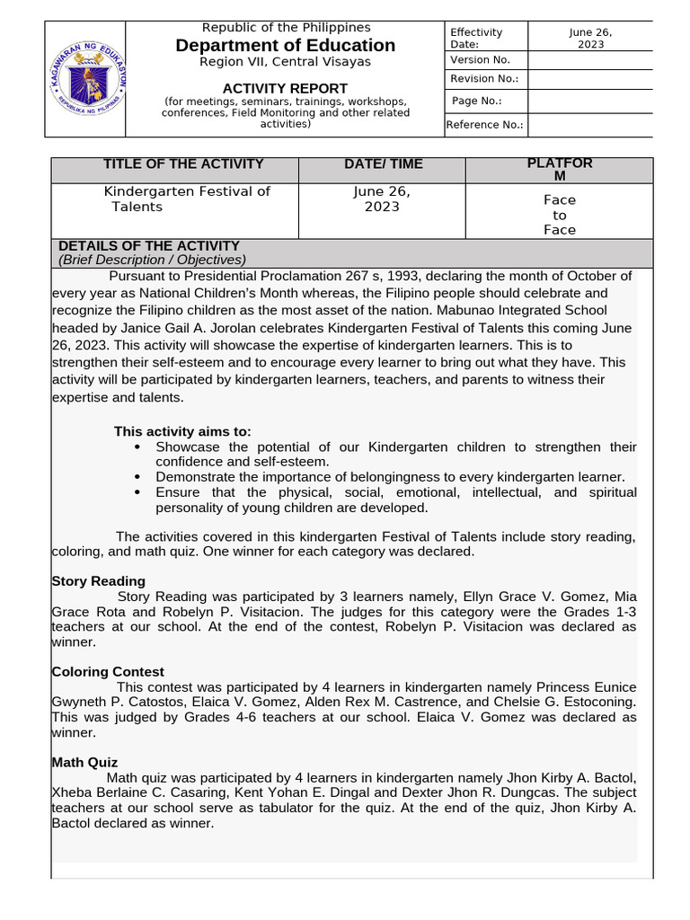 Activity Completion Report Kindergarten | PDF