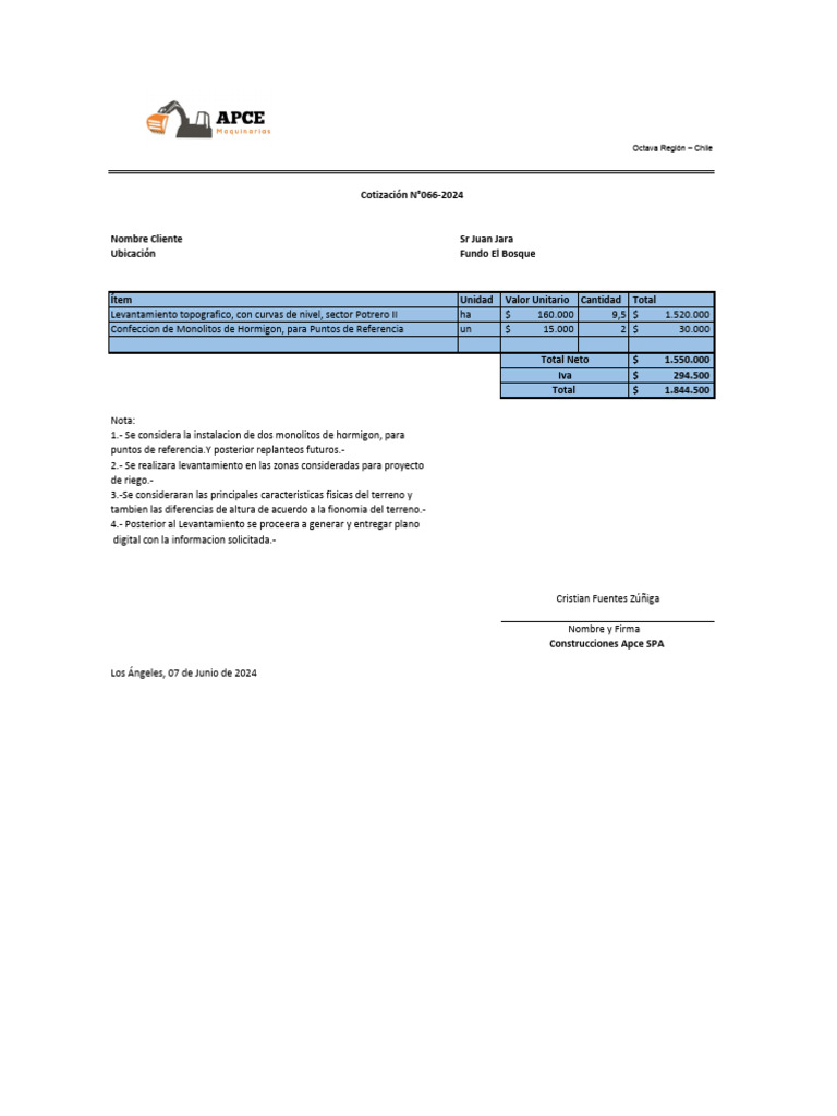 Cotizacion 066-2024 SR Juan Jara - Topografia Potrero 2 | PDF