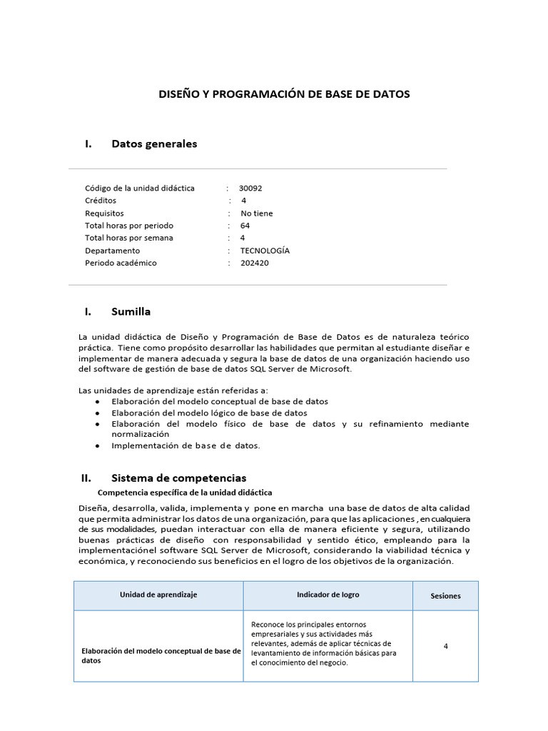 Diseno y Programacion de Bases de Datos Silabo Isil | PDF