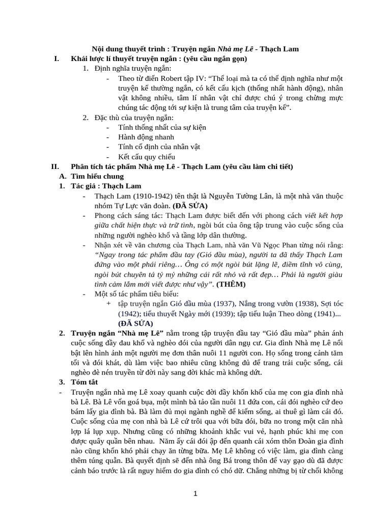Nội dung thuyết trình - Truyện ngắn Nhà mẹ Lê - Thạch Lam | PDF