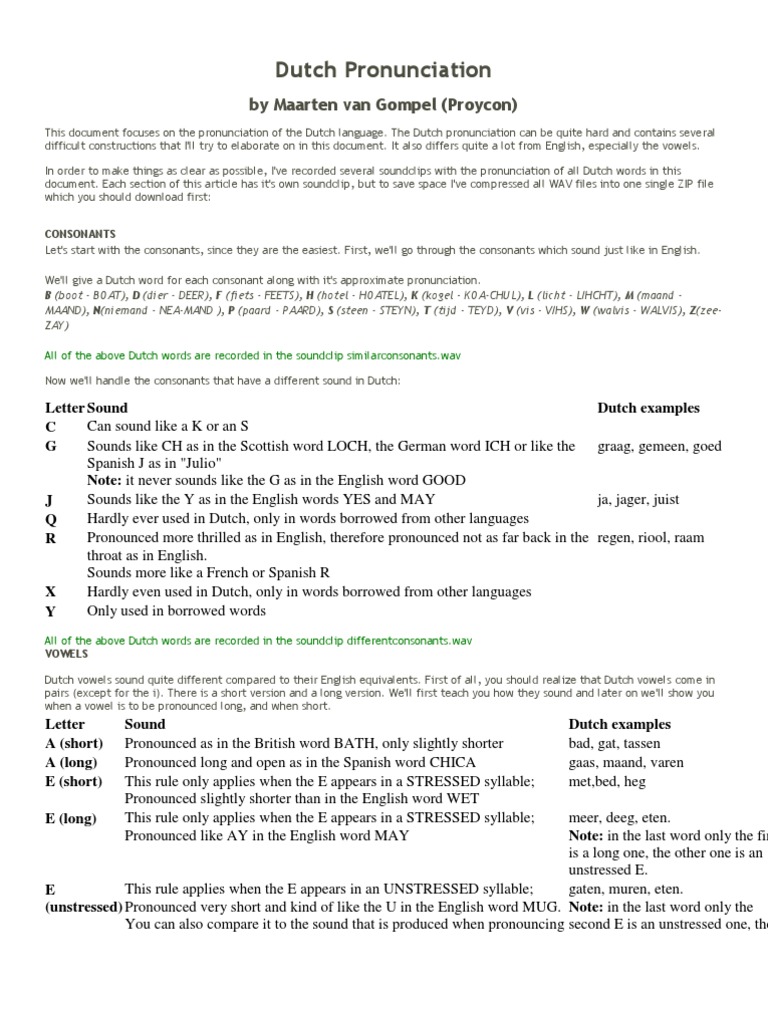 Dutch Pronunciation | PDF | Stress (Linguistics) | Vowel