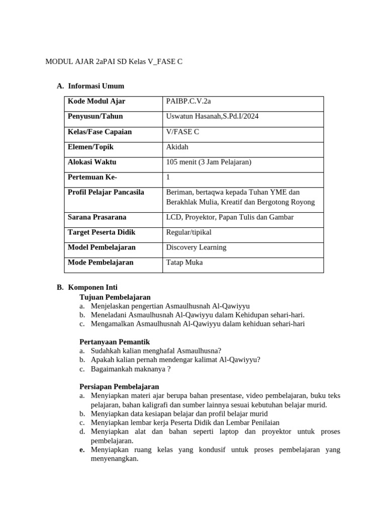 MODUL AJAR PAI SD Kelas V '24 | PDF