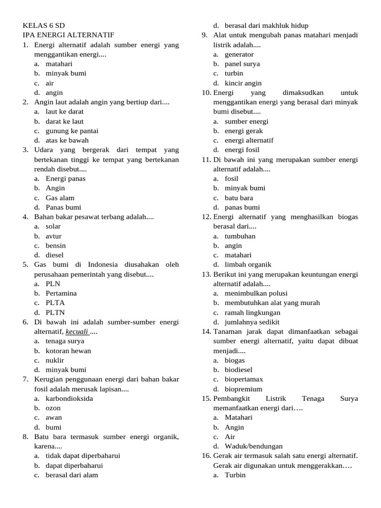 Soal Ipa Energi Alternatif Kelas 6 SD | PDF