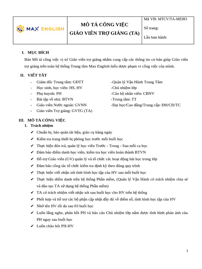 1.MTCV Vị Trí Giáo Viên Trợ Giảng (TA) | PDF