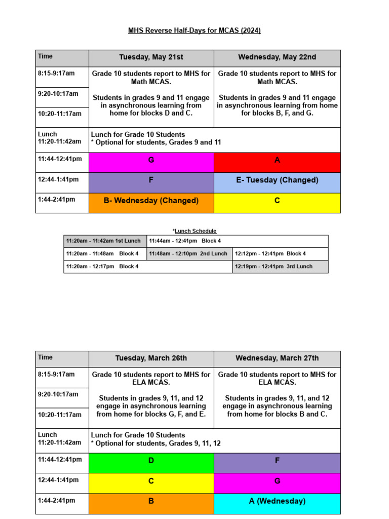 MHS Reverse Half-Days for MCAS (2024) | PDF
