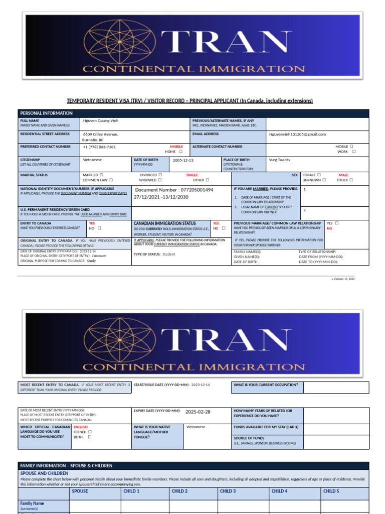 Principal Applicant Questionnaire - TRV (Inside Canada) | PDF