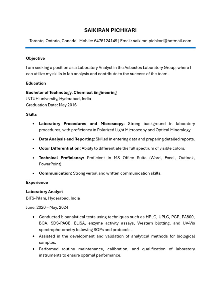 Resume_Laboratory analyst | PDF