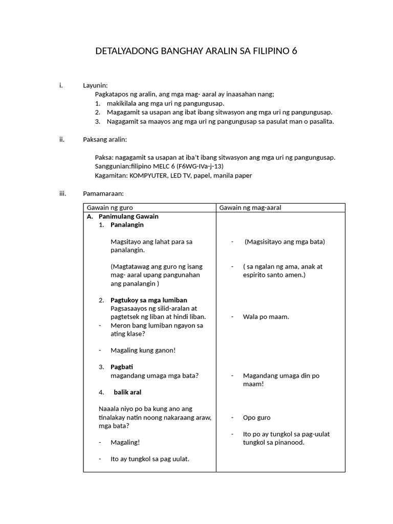 Detalyadong Banghay Aralin Sa Filipino 6 | PDF