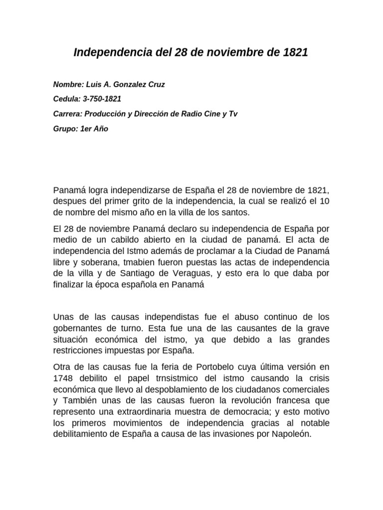 Independencia Del 28 de Noviembre de 1821 | PDF