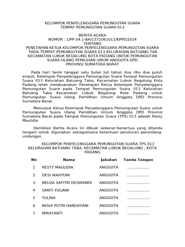 Format Ba KPPS Untuk Penetapan Ketua KPPS | PDF