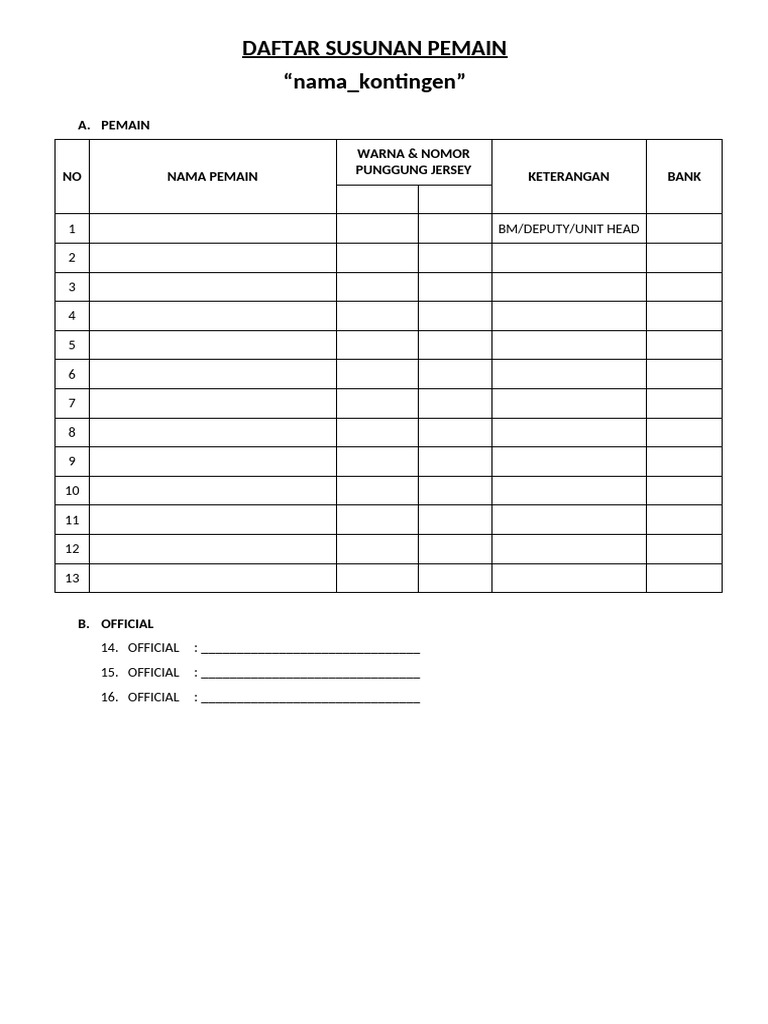 Daftar Susunan Pemain (DSP) | PDF