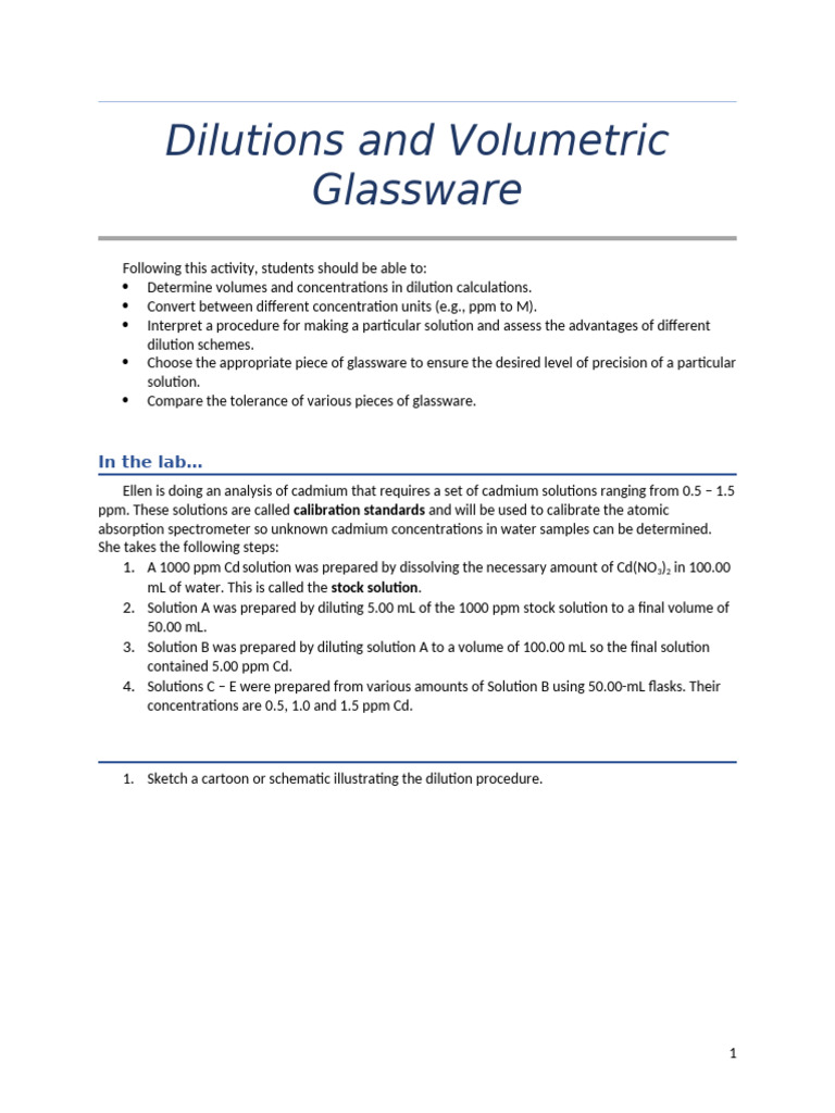 Activity Dilutions and Volumetric Glassware | PDF