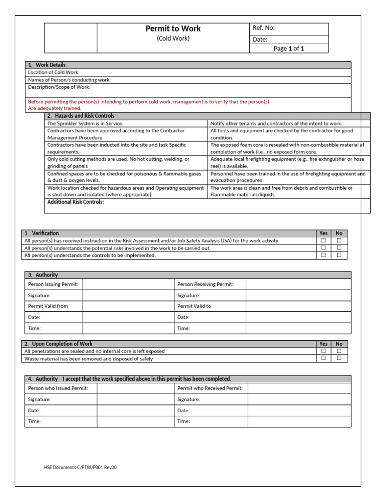 PTW-Cold Work | PDF | Firefighting | Working Conditions