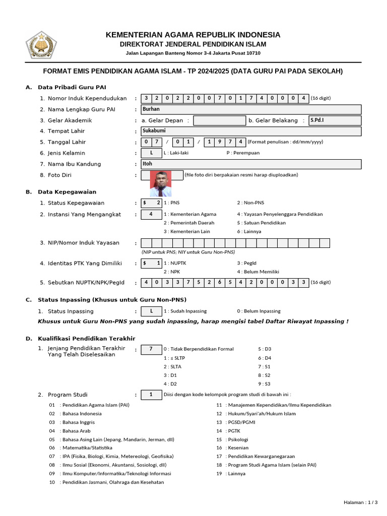 Forms Isian Guru PAI | PDF