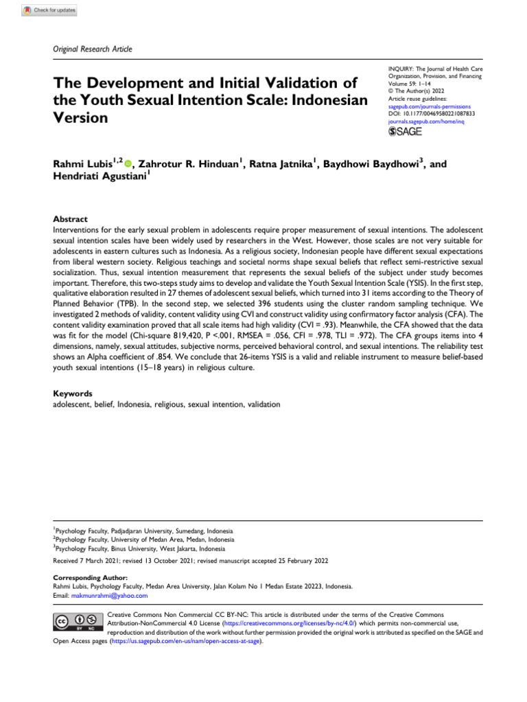 Lubis Et Al 2022 The Development and Initial Validation of The Youth Sexual Intention Scale ...
