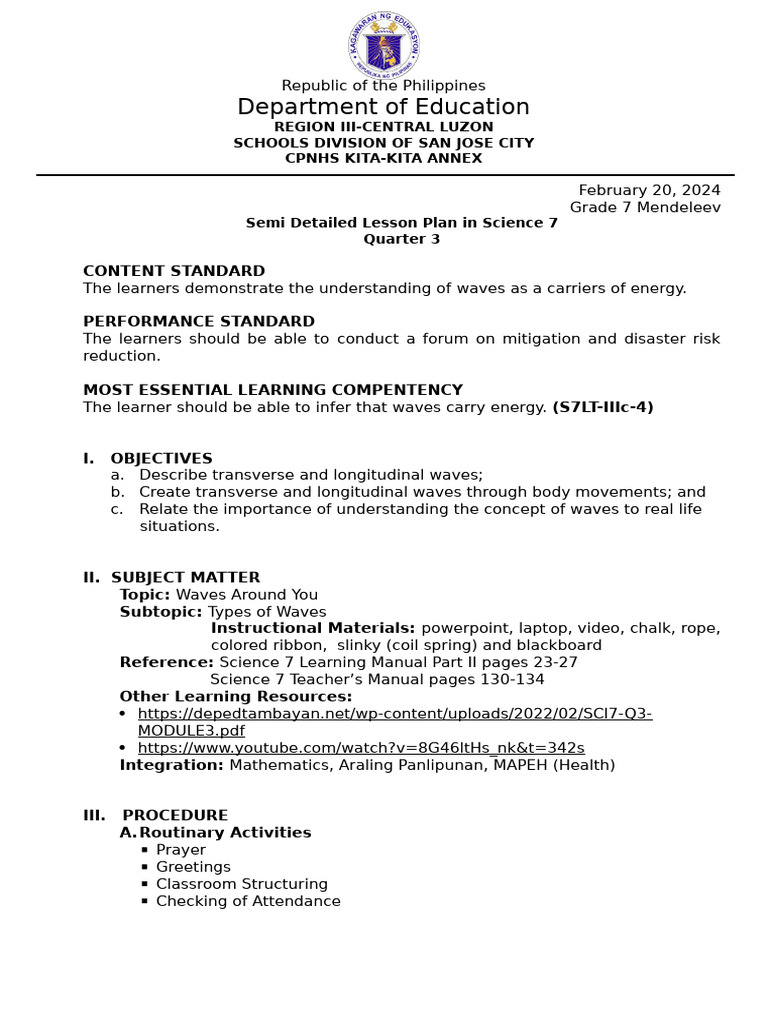 Quarter 3 Science 7 Waves Cot | PDF