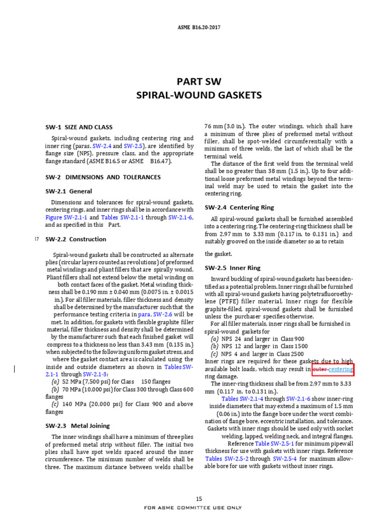 Part SW Spiral-Wound Gaskets: Sw-1 Size and Class | PDF