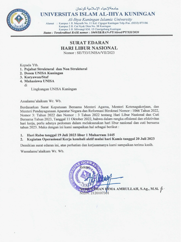 Surat Edaran Libur 1 Muharram | PDF
