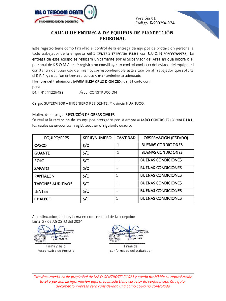 CARGO INICIAL DE ENTREGA DE EPP MARIA | PDF