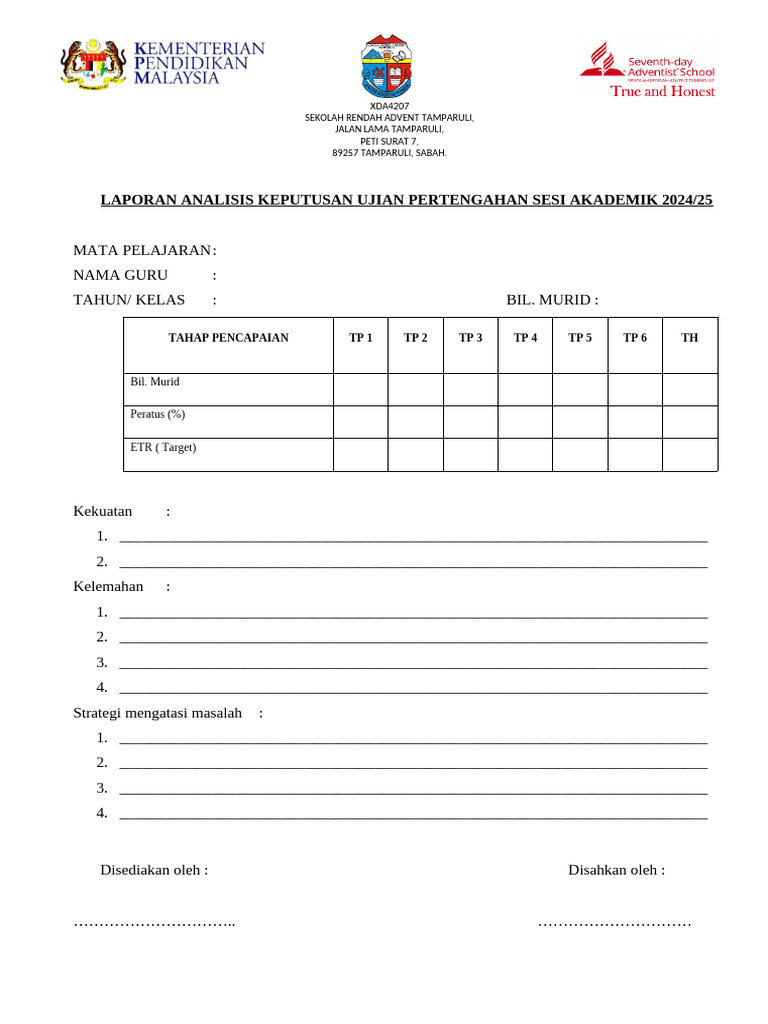Borang Analisis Keputusan Peperiksaan TP123456 | PDF