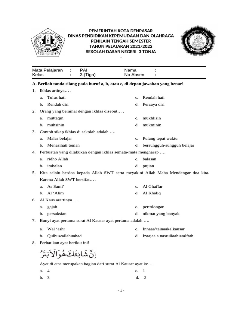 Soal Pts II Pai Kelas 3 Fix | PDF