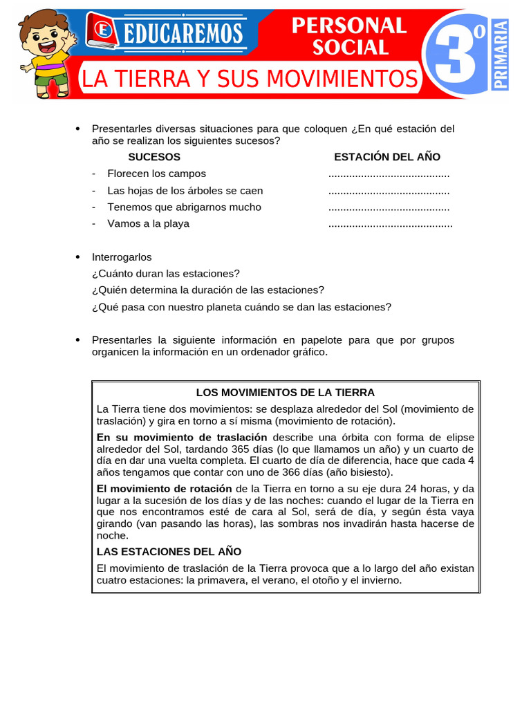 La Tierra y Sus Movimientos para Tercer Grado de Primaria | PDF