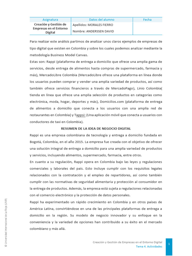 Actividad Business Model Canvas - Rappi Colombia | PDF