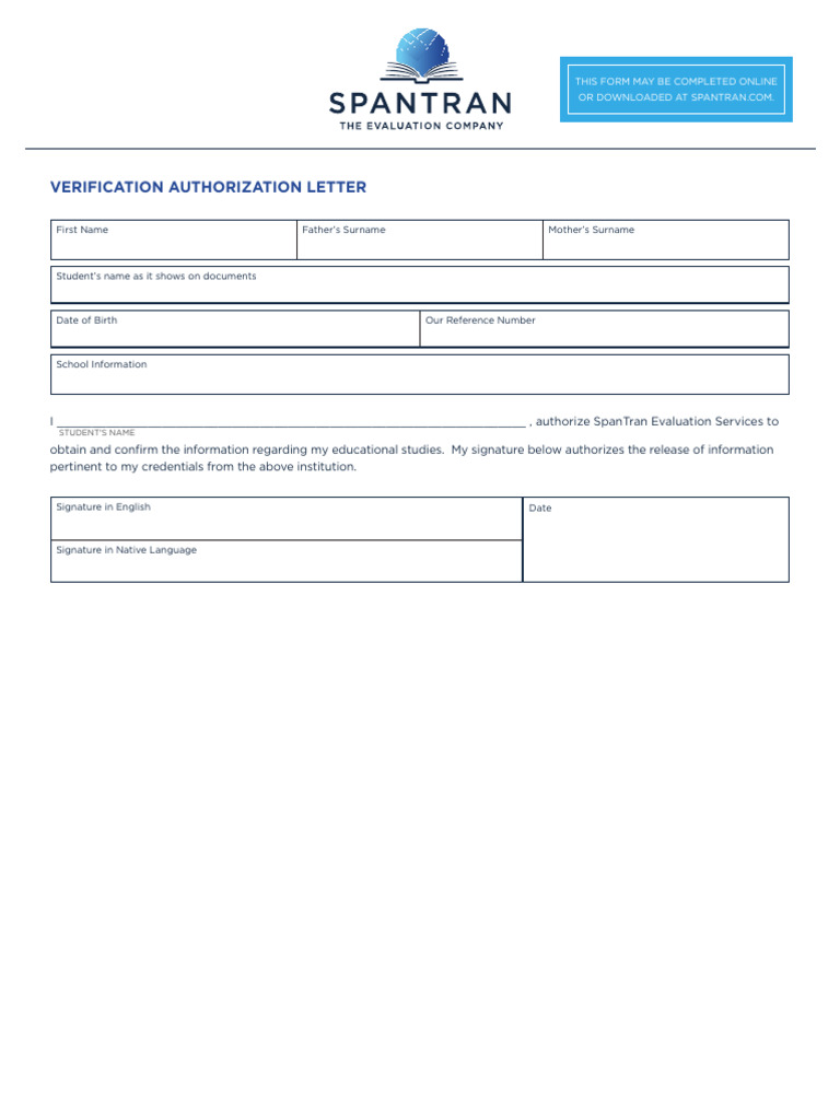 SpanTran TEC Verification Authorization Letter Web Fillable | PDF