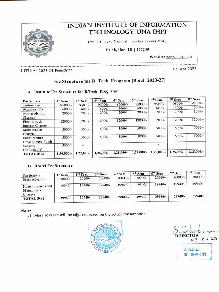 IIIT Una - Fee Structure 2023 Batch | PDF