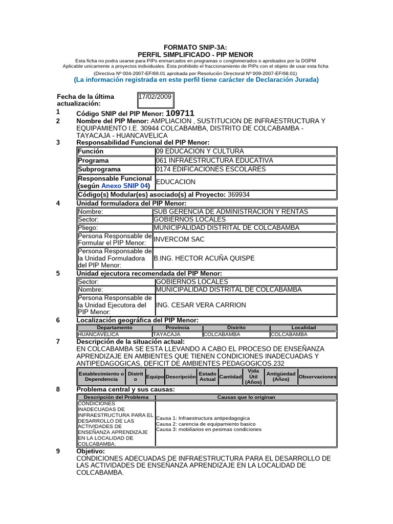 15 Ficha Snip #03 Colcabamba | PDF