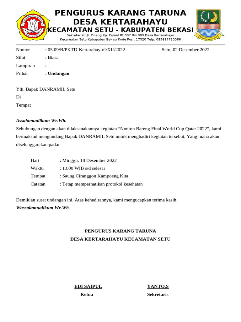 Surat Undangan Nobar (DANRAMIL Setu) | PDF