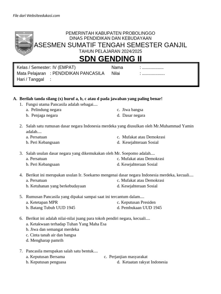Soal STS 1 PPKN Kelas 4 | PDF