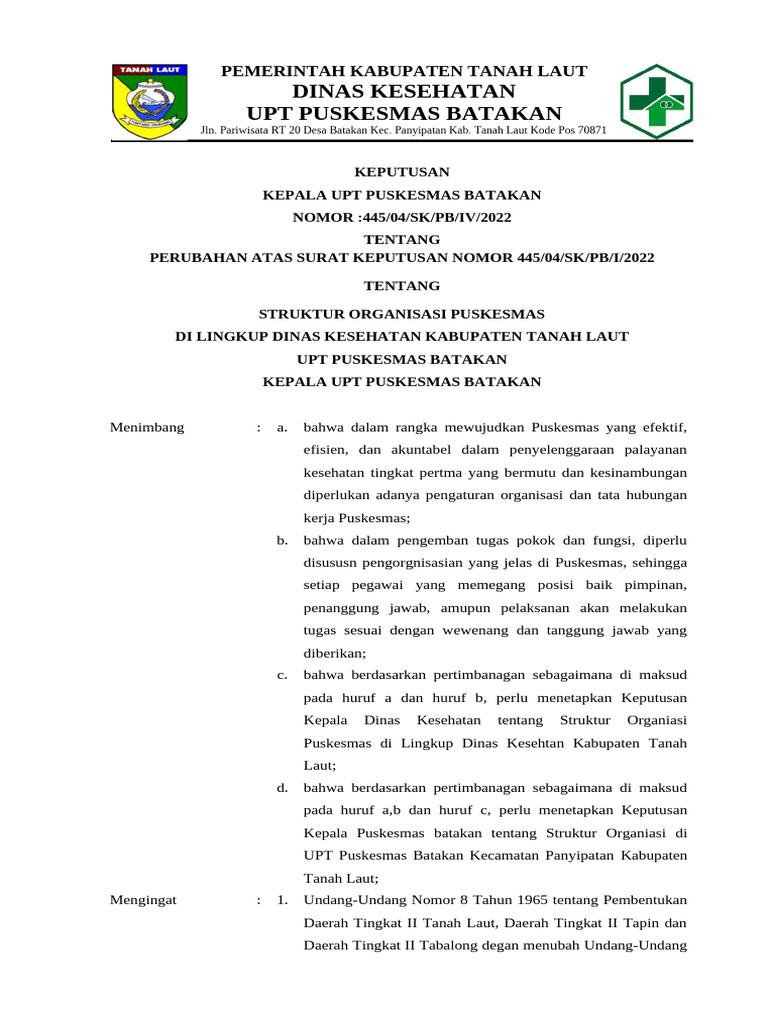 1.2.1.1 SK Struktur Organisasi Puskesmas Yang Dibuat Oleh Dinkes ...